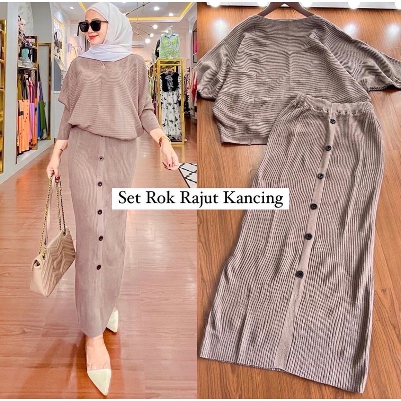Jual One Set Setelan Wanita Rok Kancing Dan Atasan Blouse Batwing Rajut ...