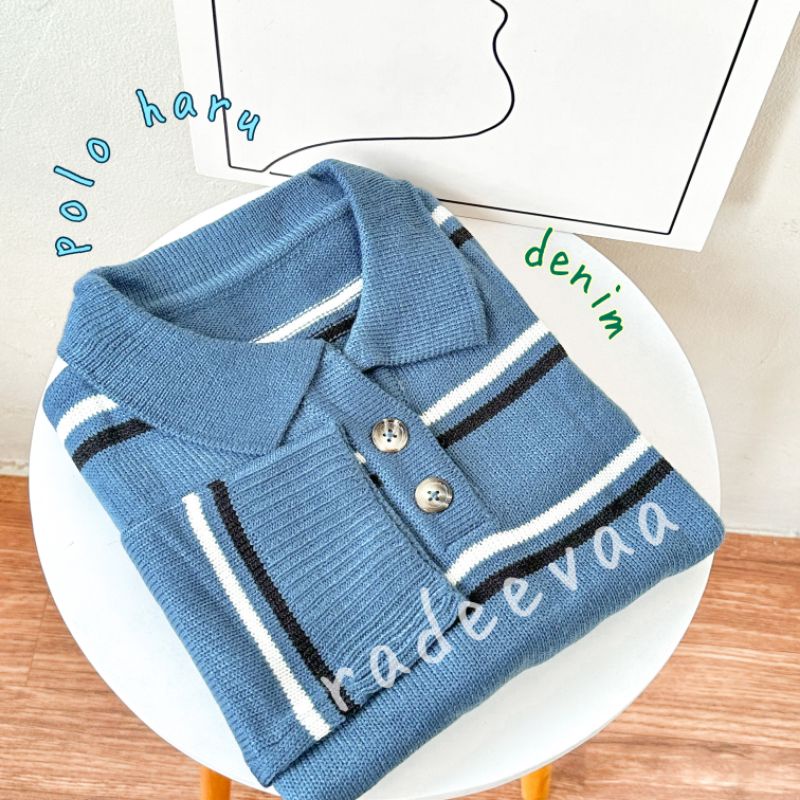 Jual SWEATER KNIT POLO HARU STRIPE ATASAN RAJUT OVERSIZE BERKERAH KERAH ...