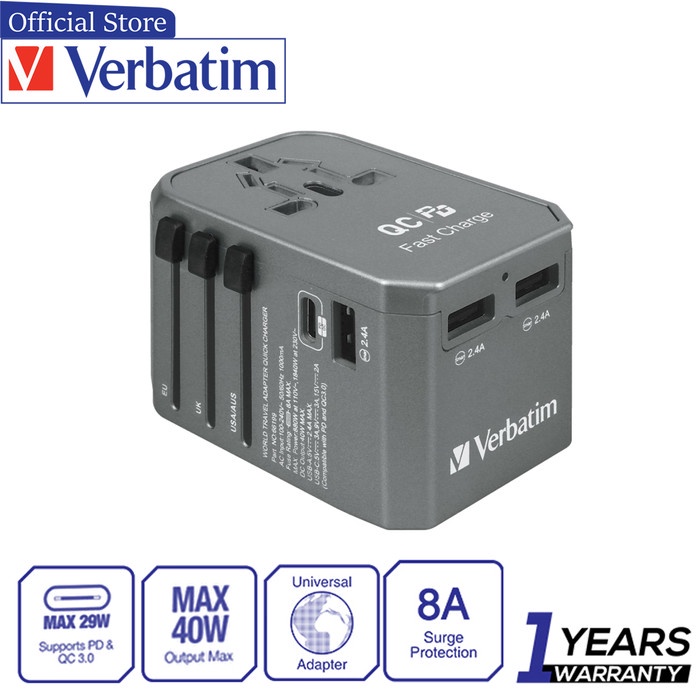 Jual Charger Verbatim 4-Port Universal Travel Adaptor 40W With Pd 29W ...