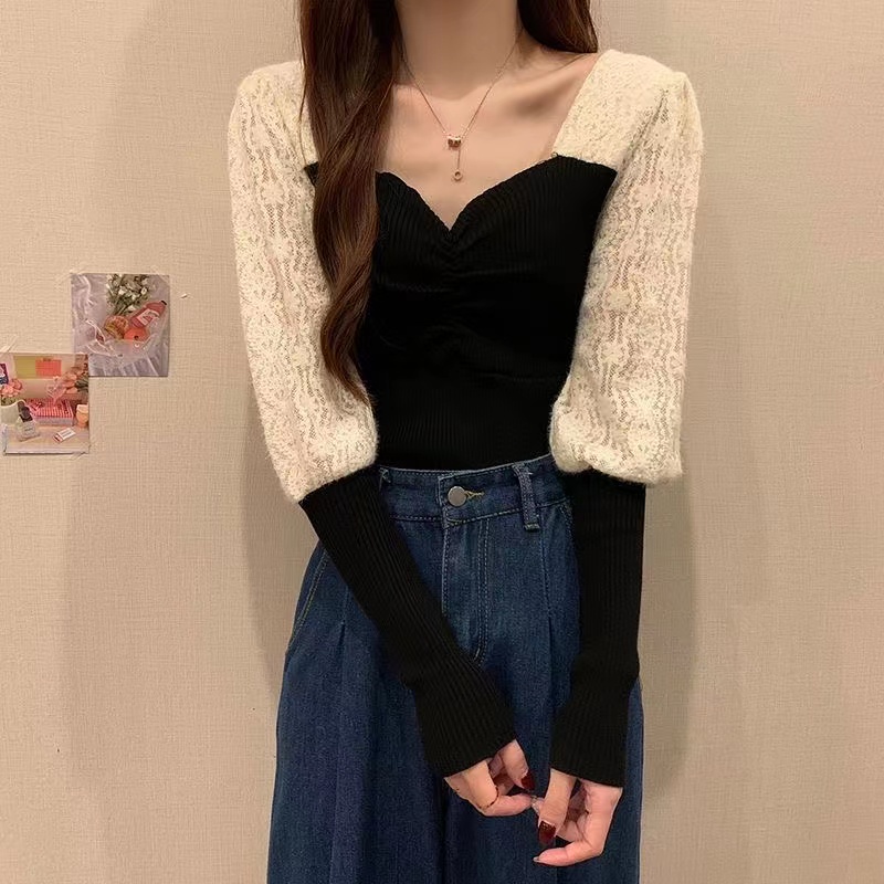 Jual Blouse Sweater Yura Rajut Korea Style - Top Crop Wanita Atasan Knit TM | Shopee Indonesia