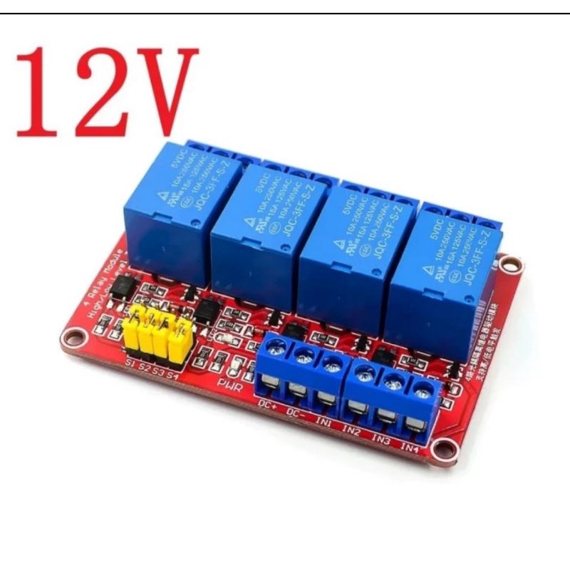 Jual NEW RED Relay 4 channel 12V PLC dll high low 250 VAC 30VDC 10A module active | Shopee Indonesia