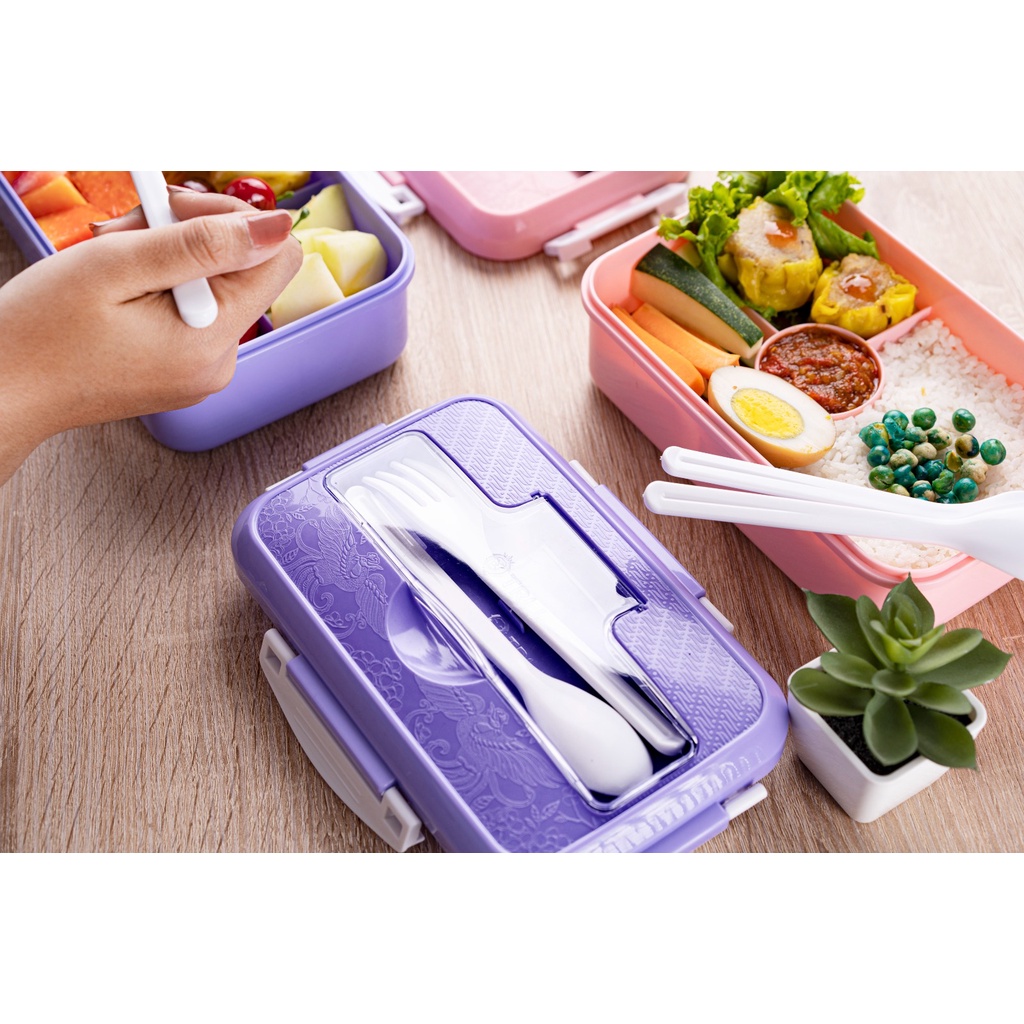 Jual Lunch Box Kotak Bekal Sekat Kotak Bekal Box 3 Grids Tempat Makan dengan Sendok dan Garpu ...