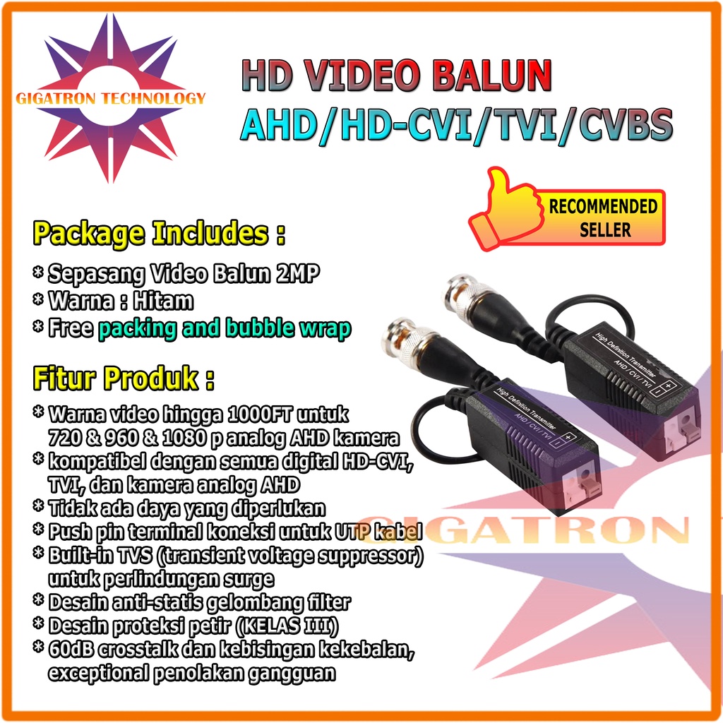 Jual Video Balun 1 Channel 2MP Compatibel Camera AHD TVI CVI Analog ...