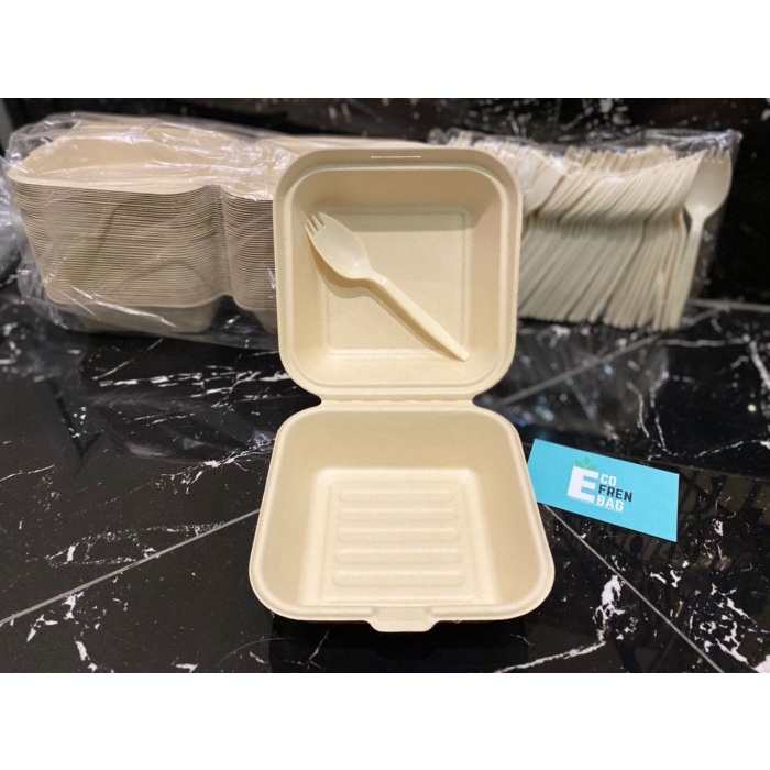 Jual Bagasse Burger Box Kotak Tart Mini 450 ml/ 6" dan PLA Spork ...