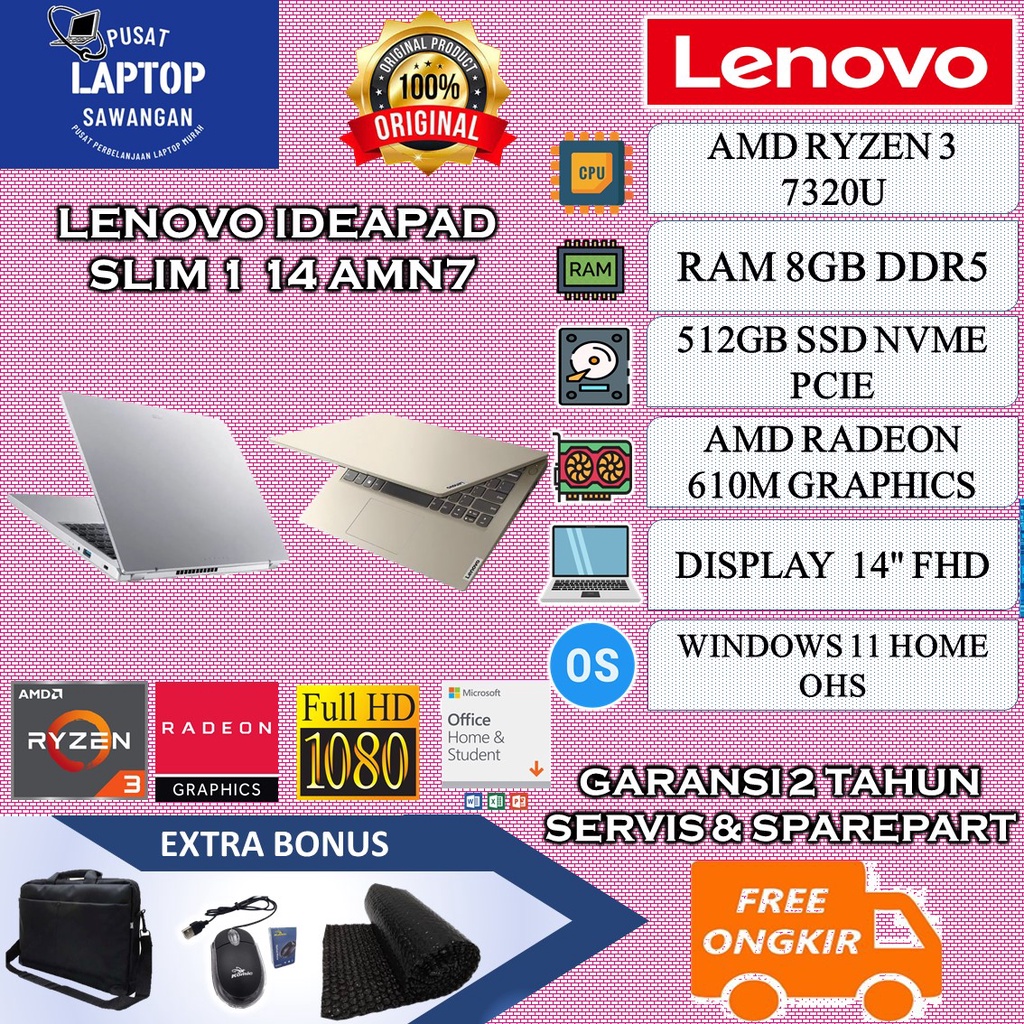 Jual LENOVO SLIM 1 14AMN7 AMD RYZEN 3 7320U 8GB DDR5 512GB FHD WIN11 OHS | Shopee Indonesia