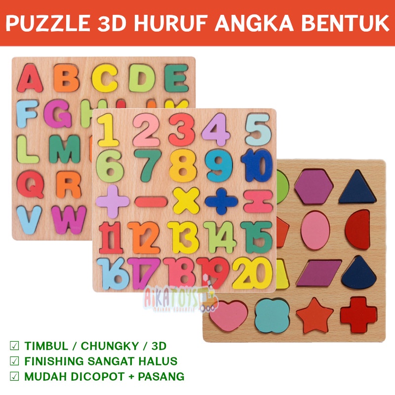 Jual Mainan Edukatif Puzzle Huruf Timbul 3D Chungky Angka Basic Shape ...
