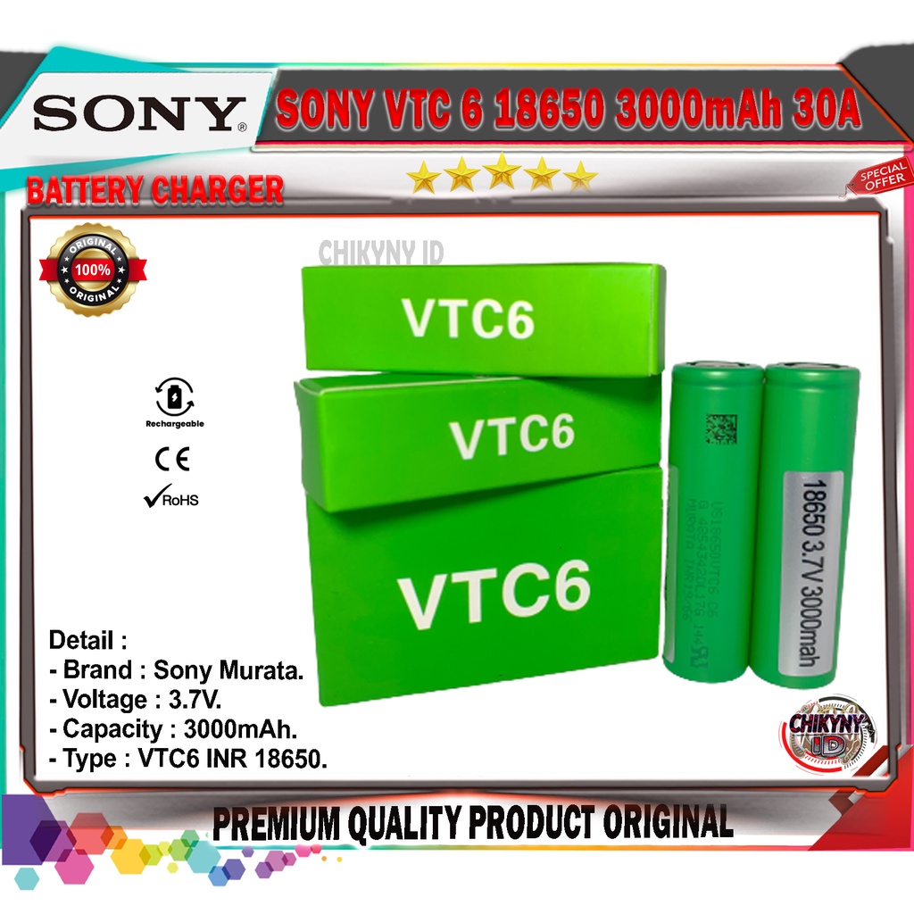 Jual BATTERY SONY VTC6 / VTC 6 18650 3000mAh 30A ORIGINAL SONY | Shopee ...