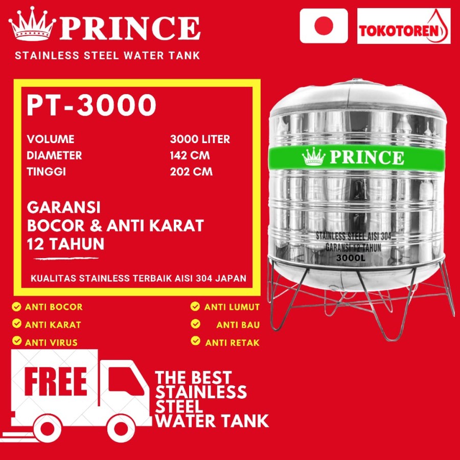 Jual TOREN AIR STAINLESS PRINCE 3000 LITER AISI 304 JAPAN GARANSI RESMI ...