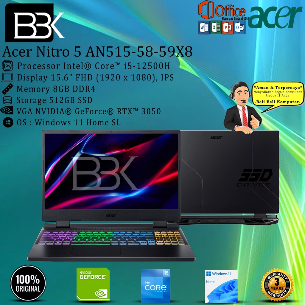 Jual Acer Nitro 5 AN515-58-59X8 i5-12500H 8GB 512GB RTX 3050 W11HSL OHS ...