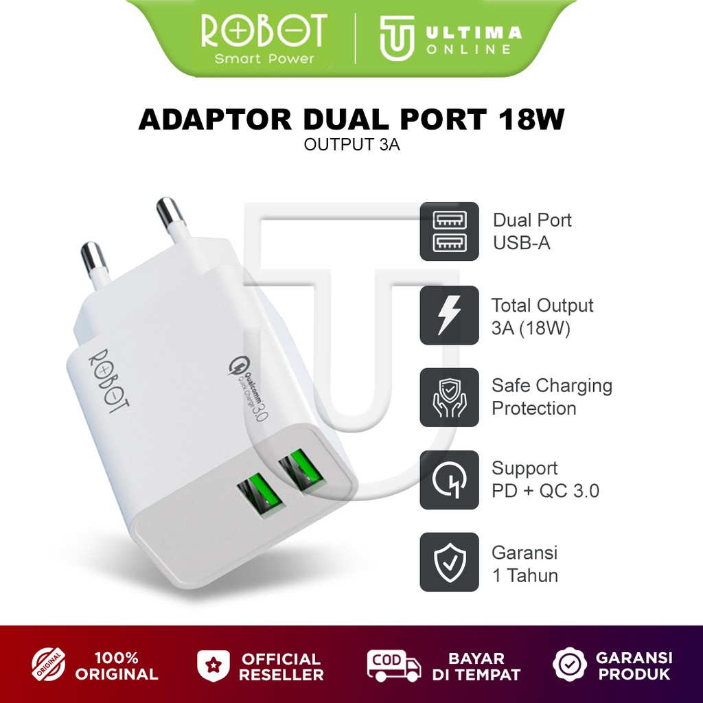 Jual ROBOT Adaptor Kepala Charger iPhone Android RT-F3 Dual Port USB ...
