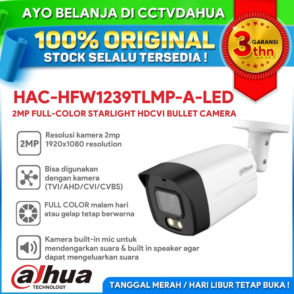 Jual DAHUA HAC-HFW1239TLM-A-LED 2MP Full Color Starlight HDCVI Bullet ...