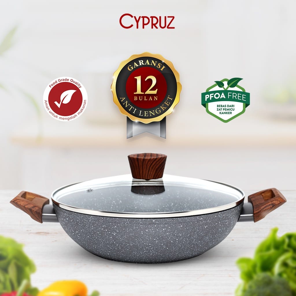Jual Cypruz Kuali Marble Panci Marble Induksi Anti Lengket Dengan Tutup Kaca Kuali + Tutup ...