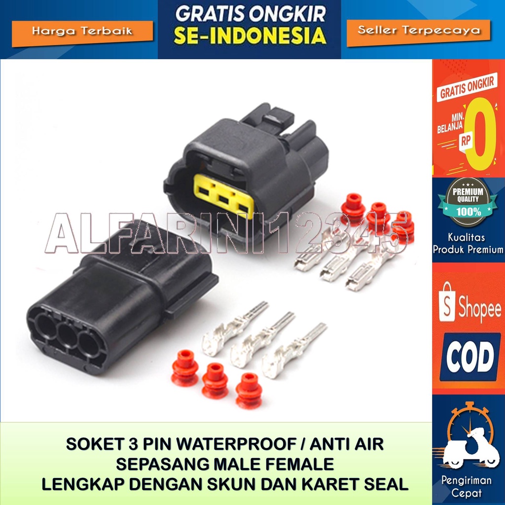 Jual SOKET KONEKTOR CONNECTOR 3 PIN WATERPROOF ANTI AIR MOTOR MOBIL ...
