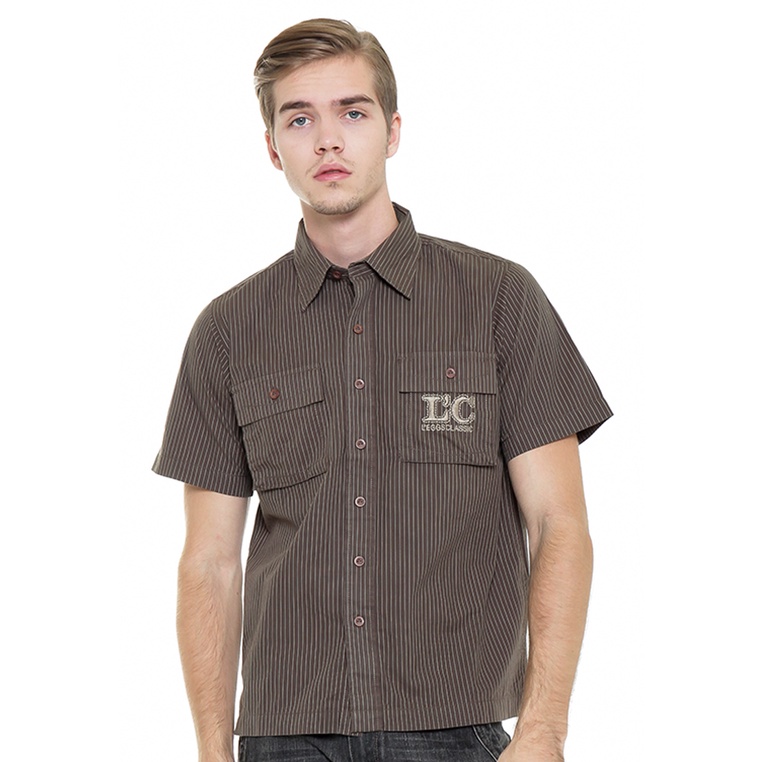 Jual LGS - Kemeja Casual Pria Lengan Pendek Warna Coklat Motif Garis ...
