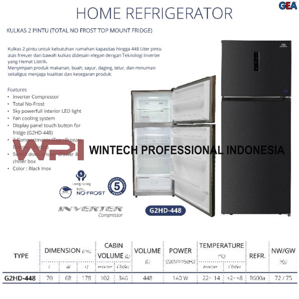 Jual GEA Kulkas 2 Pintu G2HD-448 Black Inox / G2HD448 Kulkas Rumahan ...