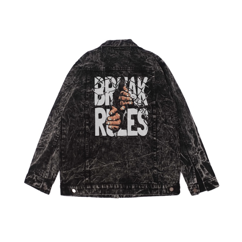 Jual Jaket Jeans Pria Sandwash Motif BREAK RULES Terbaru Jacket Washed ...