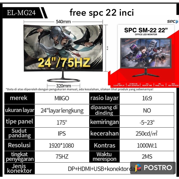 Jual MIIGO PC MONITOR GAMING 24INCI LAYAR LENGKUNG (FREE SPC 22INCI ...