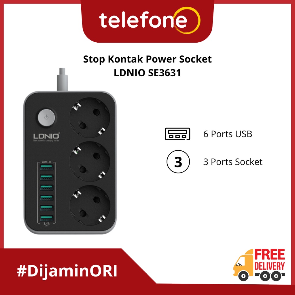 Jual Power Socket Ldnio SE3631- 3 Socket 6 USb 3.4A Original Stop kontak | Shopee Indonesia