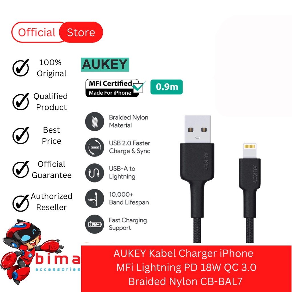 Jual AUKEY Kabel Charger iPhone MFi Lightning Data Cable PD 18W QC 3.0 ...