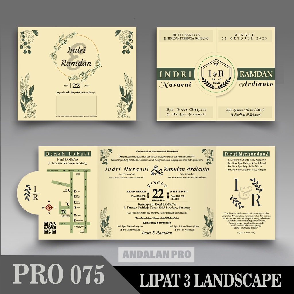 Jual 50 Desain Undangan Lipat 3 Landscape Bahan Jasmine LIGHT CREAM ...