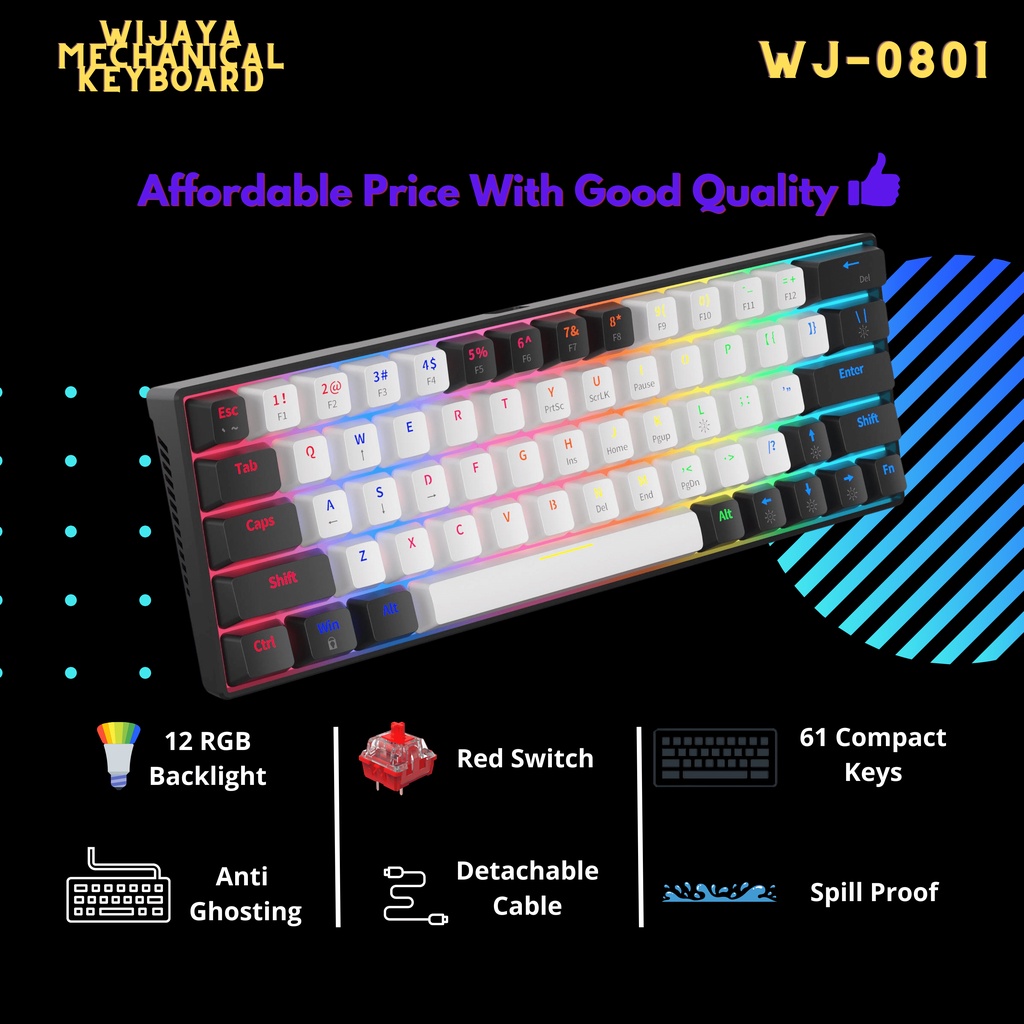 Jual Keyboard Gaming Mechanical 60% RGB Backlit Red Blue Switch WJ-0801 ...