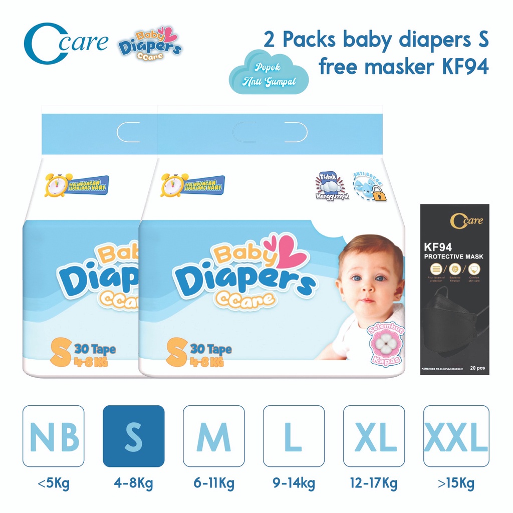 Jual [2 PACK] CCARE POPOK BABY DIAPERS SAP ANTI GUMPAL free Masker ...