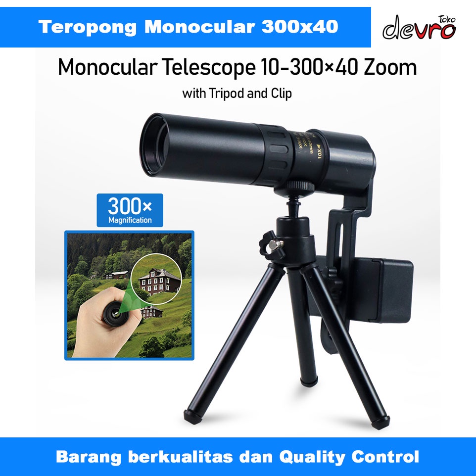 Jual Teropong Monocular Telescope 10-300x40 Zoom - Tripod dan Holder HP ...