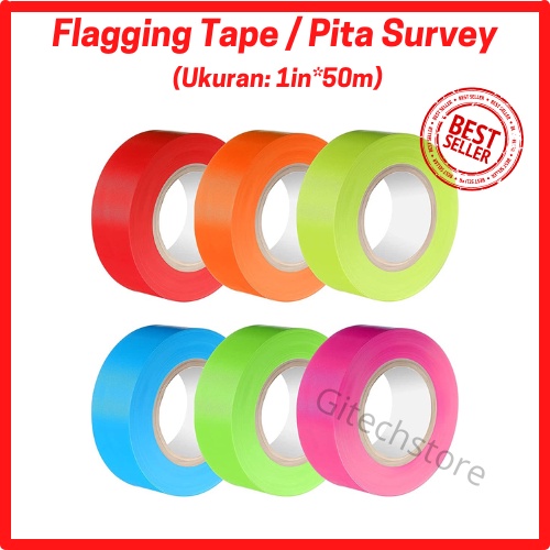 Jual Pita Survey / Flagging Tape Ukuran 1" x 50m / 1in x 50meter | Shopee Indonesia