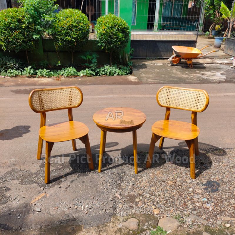 Jual Meja Teras Set/Meja Cafe Set Kombinasi Kursi Sandaran Rotan Minimalis Kayu Jati Asli ...
