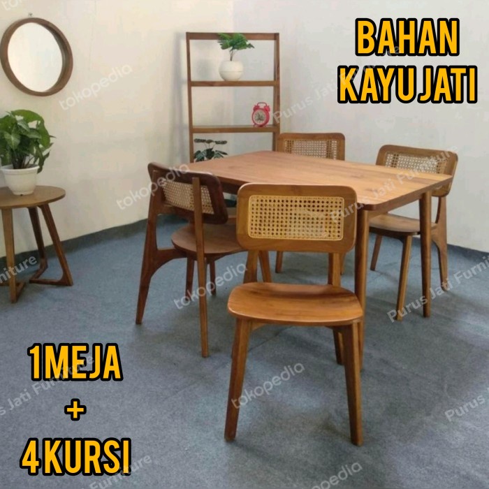 Jual PJ1 1 Set Meja Makan dan Kursi Cafe Rotan Minimalis Kayu Jati Harga Murah | Shopee Indonesia