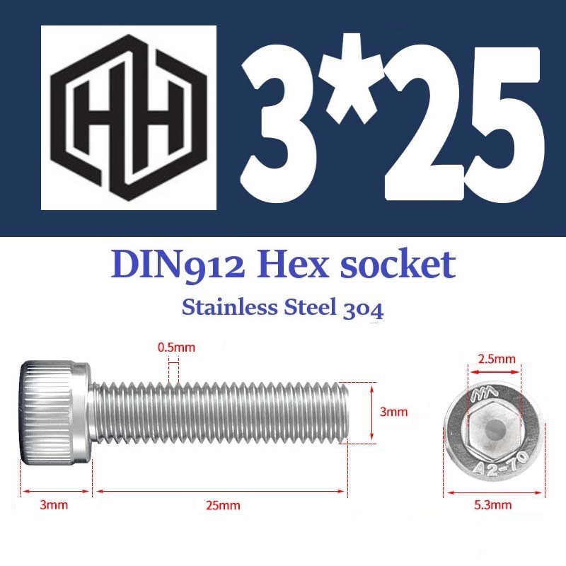 Jual Baut M3 x 25 DIN912 Cylindrical Head Hex Socket | Shopee Indonesia