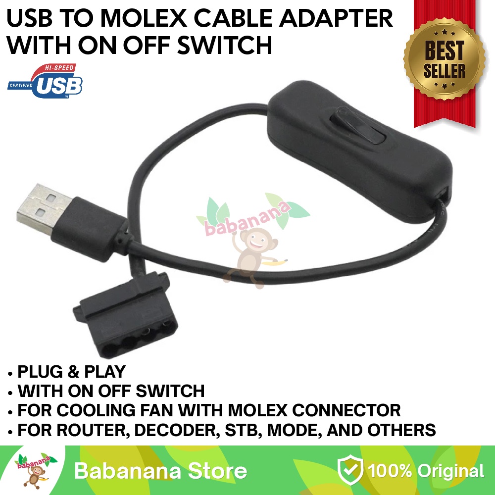 Jual USB Male to Molex Male Cable Kabel 30cm dengan saklar switch fan ...
