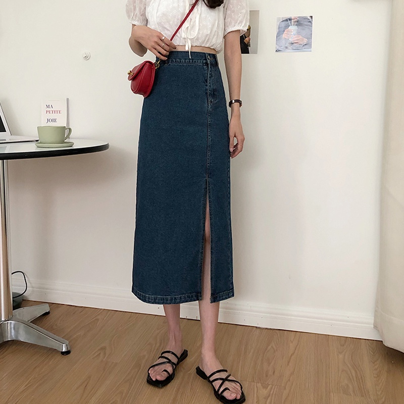Jual Rok Jeans Biru Highwaist Kasual / Rok A Line Denim Split Fashion ...