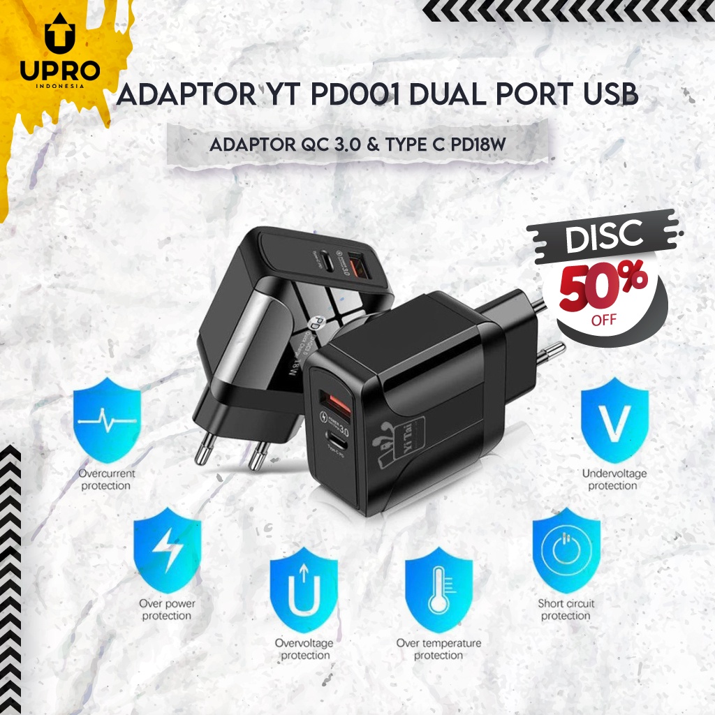 Jual Charger Adaptor YT PD001 Dual PORT USB QC 3.0 & TYPE C PD18W Fast ...