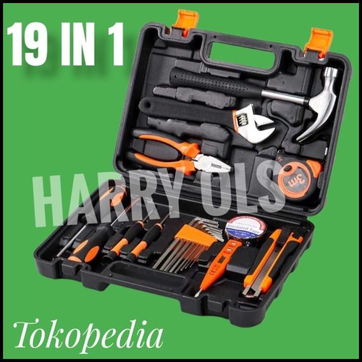 Jual 19 In 1 Satu Set Alat Perkakas Tang Palu Cutter Obeng Meteran ...
