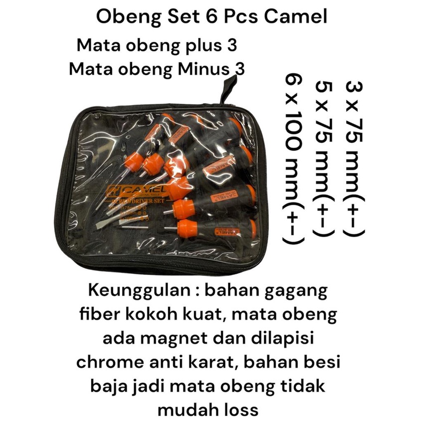 Jual Obeng set kombinasi lengkap 6 pcs Obeng PLUS MINUS Camel FREE TAS ...