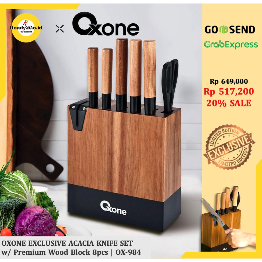 Jual Oxone Premium pisau set OX984 6pcs Acacia dan pengasah pisau pada balok kayu / OX-984 ...