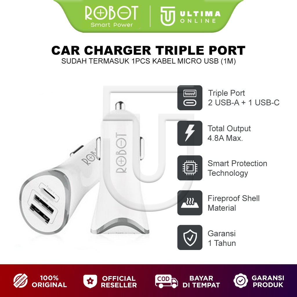Jual ROBOT Car Charger Triple 3 Output (1 USB C + 2 USB A) Charger ...
