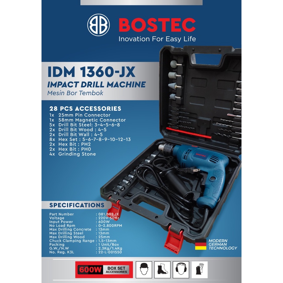 Jual Mesin Bor Tembok Besi Kayu 13mm BOSTEC IDM 1360-JX box set Impact ...