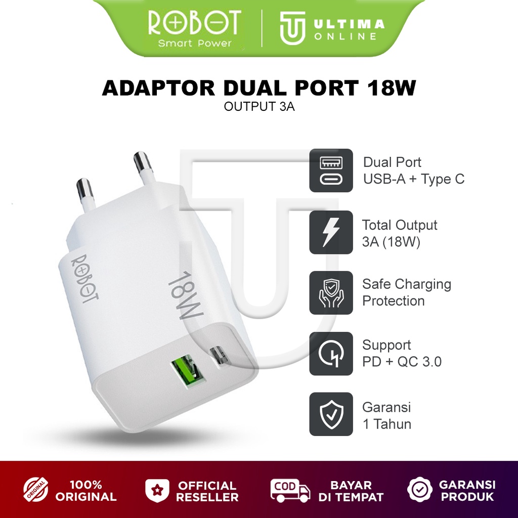 Jual ROBOT Adaptor Kepala Charger RT-F2 Dual Port USB + USB C Fast ...