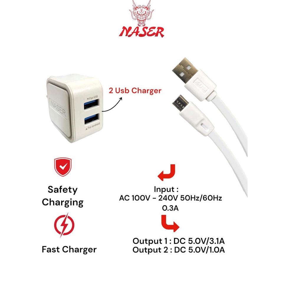 Jual TRAVEL CHARGER FAST CHARGING 2IN1 NASER 2USB T-056 | Shopee Indonesia