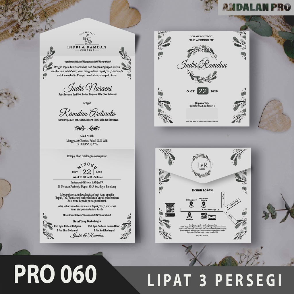 Jual 50 Desain Undangan Pernikahan Lipat 3 Persegi, Grayscale / Hitam ...
