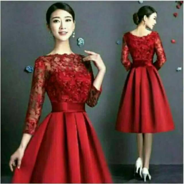 Jual Midi dress Merah Kombinasi Brukat | Shopee Indonesia