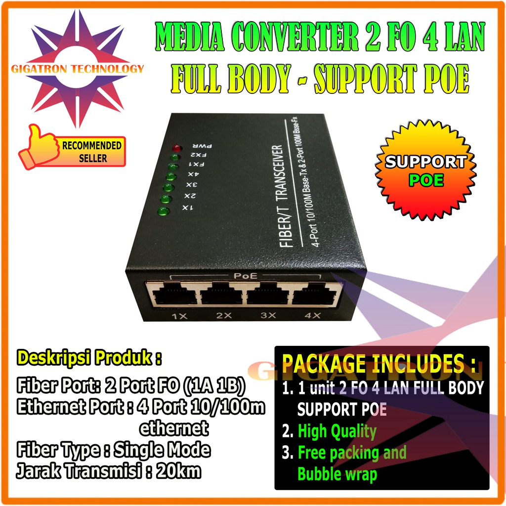 Jual Media Converter Fiber Optic 2 Port FO 4 Port LAN POE 10/100 Full Body / Switch Fiber Optik ...
