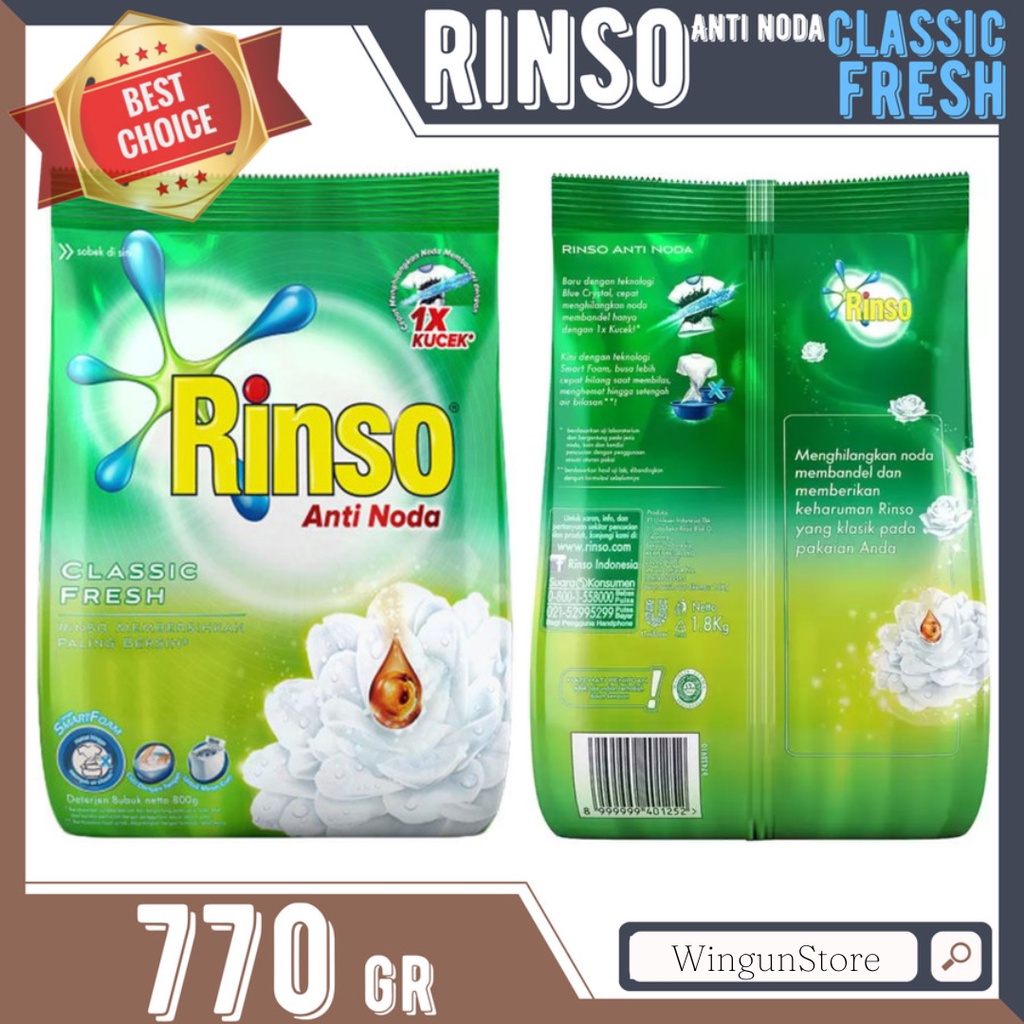 Jual RINSO DETERJEN BUBUK 770g classic fresh detergent anti noda hijau ...