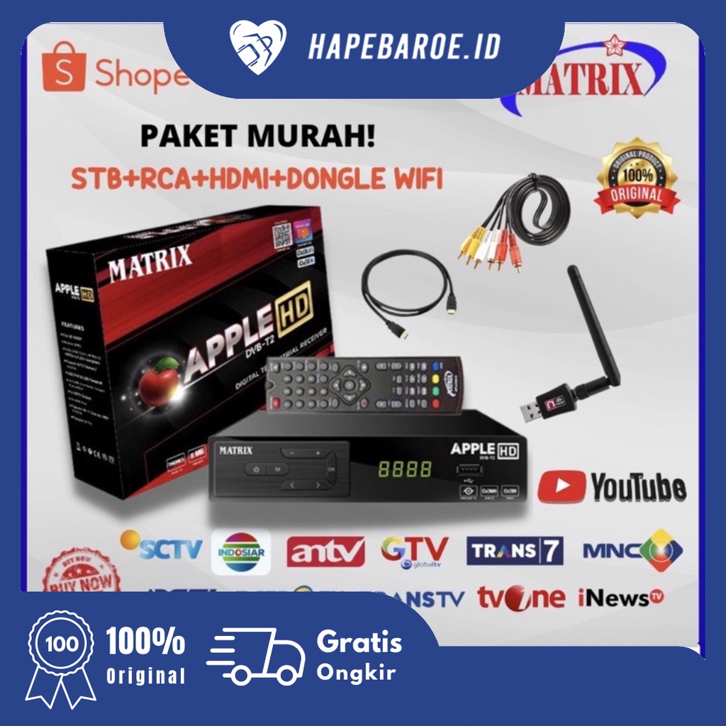 Jual STB SET TOP BOX MATRIX DVBT-2 APPLE HD MERAH PIALA DUNIA PAKET ...
