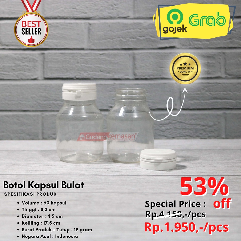 Jual BOTOL PLASTIK 60 KAPSUL PET TABLET BULAT BENING - WIB | Shopee ...