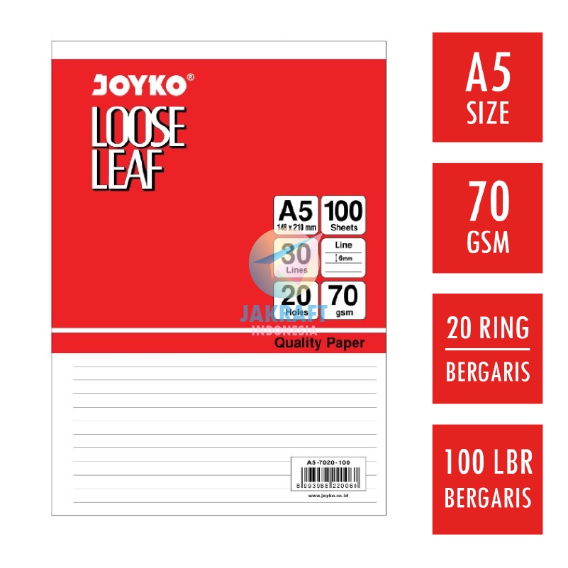 Jual (100 Pcs) Kertas File Loose Leaf JOYKO A5 Isi Binder Note Bergaris 20 Lubang Ring Rings ...