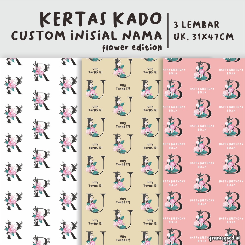 Jual KERTAS KADO CUSTOM INISIAL flower edition (3 lembar A3 ...