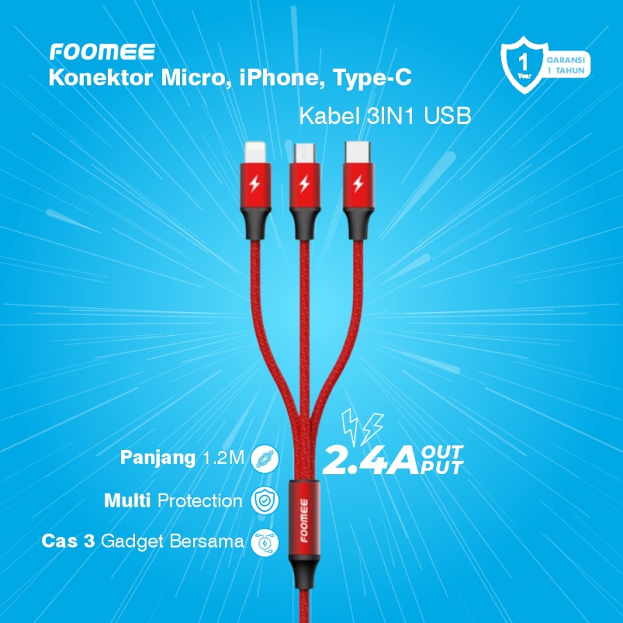 Jual Foomee NF12 Cable Data 3 in 1 (Micro, Type-C, Lightning) 120cm ...